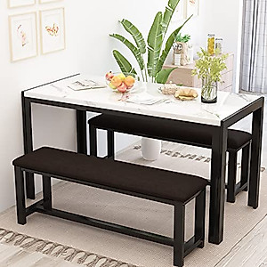 Recaceik Dining Table Set for 4, Kitchen Table and Chairs for 4, Faux Marble Dining Room Table with 2 Benches, Space Saving Dining Table and Upholstered PU Leather Bench for Small Spaces, White