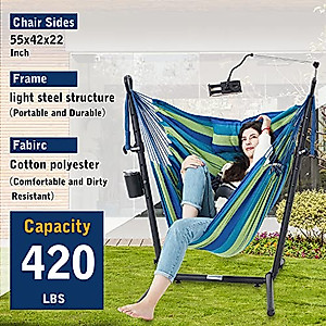 Hammock Chair with Stand Adjustable Swing Chair with Phone Stand Cup Holder Includes Double Hanging Chair Flow Bohemian Hand Indoor Outdoor Patio Garden Yard 420 lb Capacity (Blue-Green)
