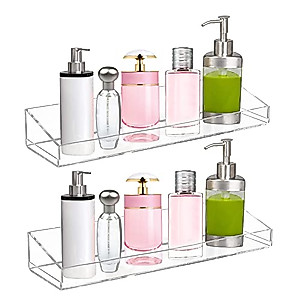 2 Pack Acrylic Bathroom Shelf with Hooks Clear Shower Shelf Wall Mounted No Drilling Thick Clear Storage Transparent Wall Mounted Display Shelving No Drilling Thick Storage Display Shelves15L*4W*2H
