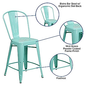 Merrick Lane Stella 24" Metal Indoor-Outdoor Counter Stool with Vertical Slat Back and Integrated Footrest in Mint Green