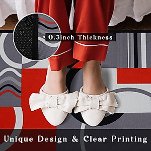 Red Black Grey White Kitchen Rug Set of 2, Modern Abstract Kitchen Floor Mat Rugs Carpet- Geometric Black White Red Kitchen Decor and Accessories Home Decoration- 17x30 and 17x47 Inch