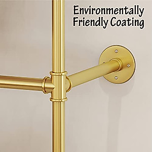 96.5”H Wall Mounted Clothe Rack, Gold Industrial Pipe Clothing Rack with Shelves Closet Rods System for Hanging Clothes Rack Multi-purpose Heavy Duty Hanging Rod