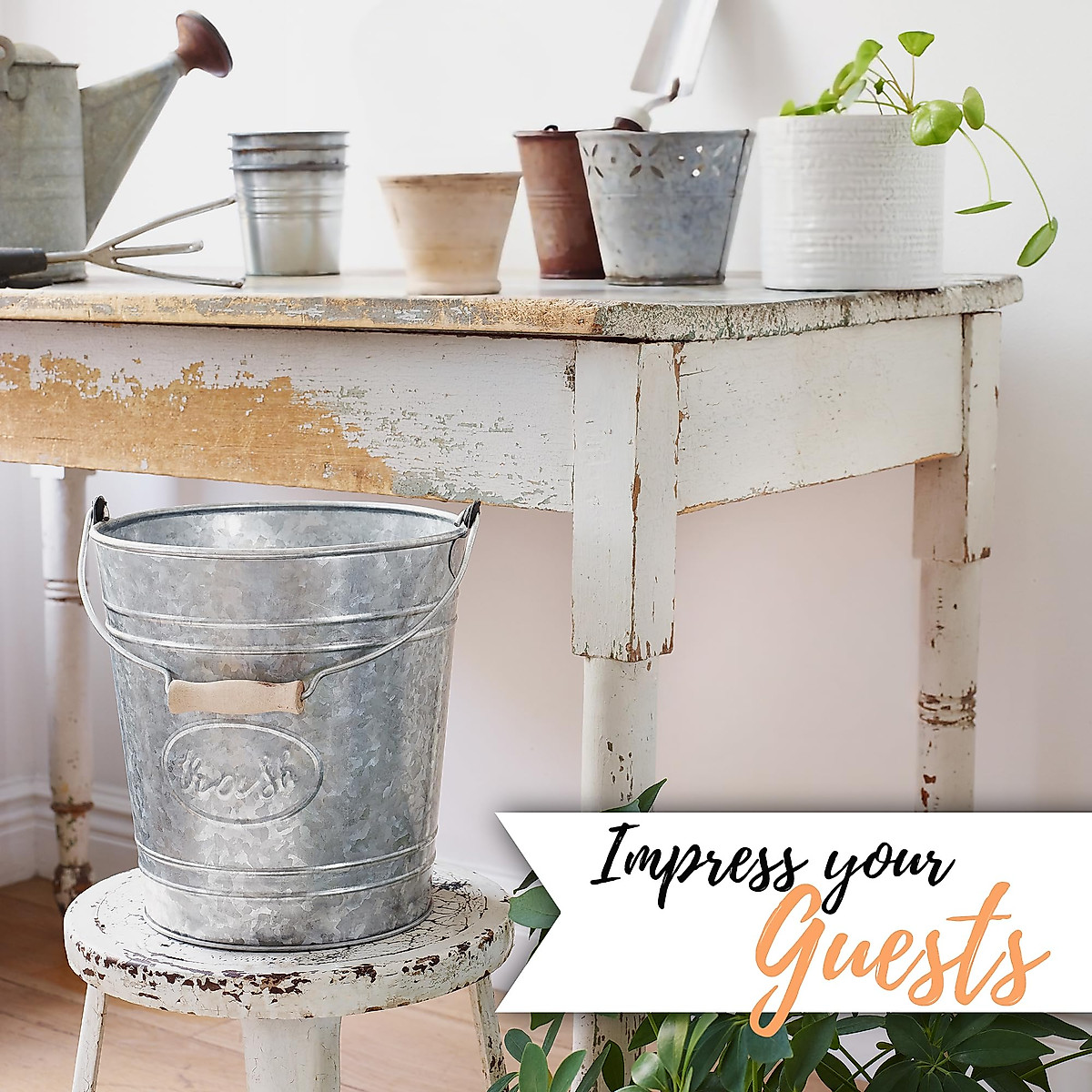 Autumn Alley Farmhouse 2 Pack Bathroom Trash Can - Rustic Galvanized Trash Can Bucket with Wooden Grip for Rustic Bathroom, Farmhouse Kitchen, Country Home Décor, 7 Liter, Galvanized Grey