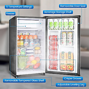 WANAI Mini Fridge With Inner Freezer 3.2 Cu.Ft Single Door Small Refrigerator Energy-efficient, Low Noise, Mini Fridge For Bedroom Dorm and Office Silver