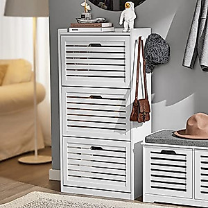 Haotian FSR108-W, White Shoe Cabinet with 3 Flip Drawers, Freestanding Shoe Rack with Hooks, Shoe Storage Cupboard Organizer Unit