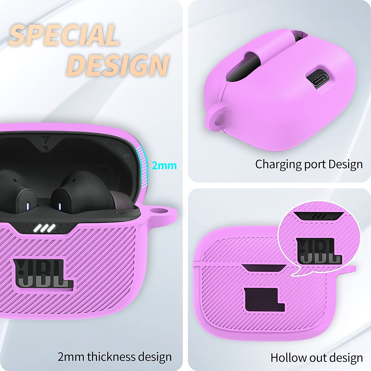 YIPINJIA for JBL Tune 230NC TWS Case Cover, Silicone Protective Portable Scratch Shock Resistant Cover ONLY Compatible with JBL 230NC Earbuds Charging Case with Carabiner(Lavender)