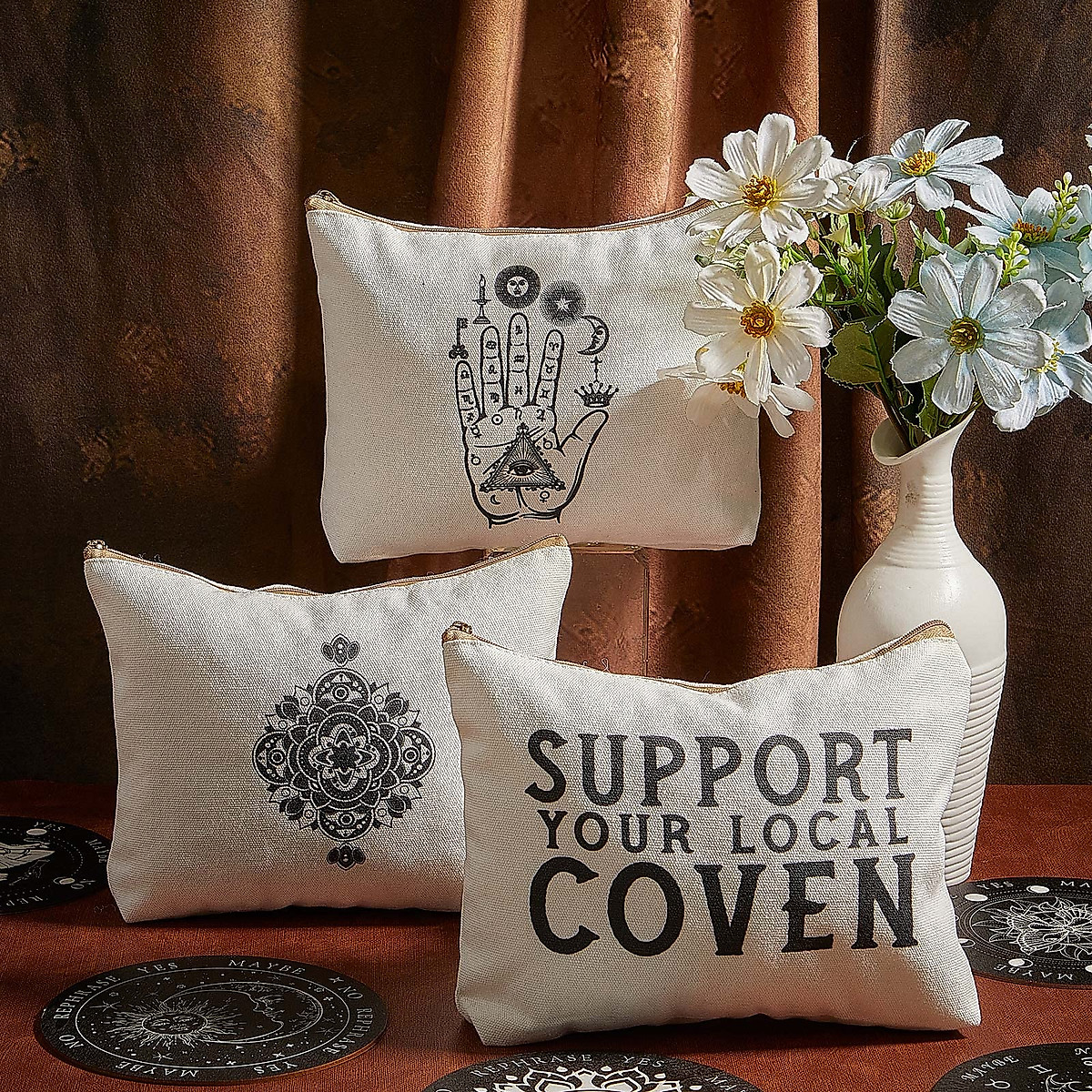 Saintrygo 6 Pcs Witchy Gifts Halloween Tarot Makeup Bag Witch Stuff Tarot Cards Phase Bag Crystals Toiletry Witch Bag Aesthetic Moon Canvas Cosmetic Makeup Bag for Witchcraft Lover Women Witch Coven