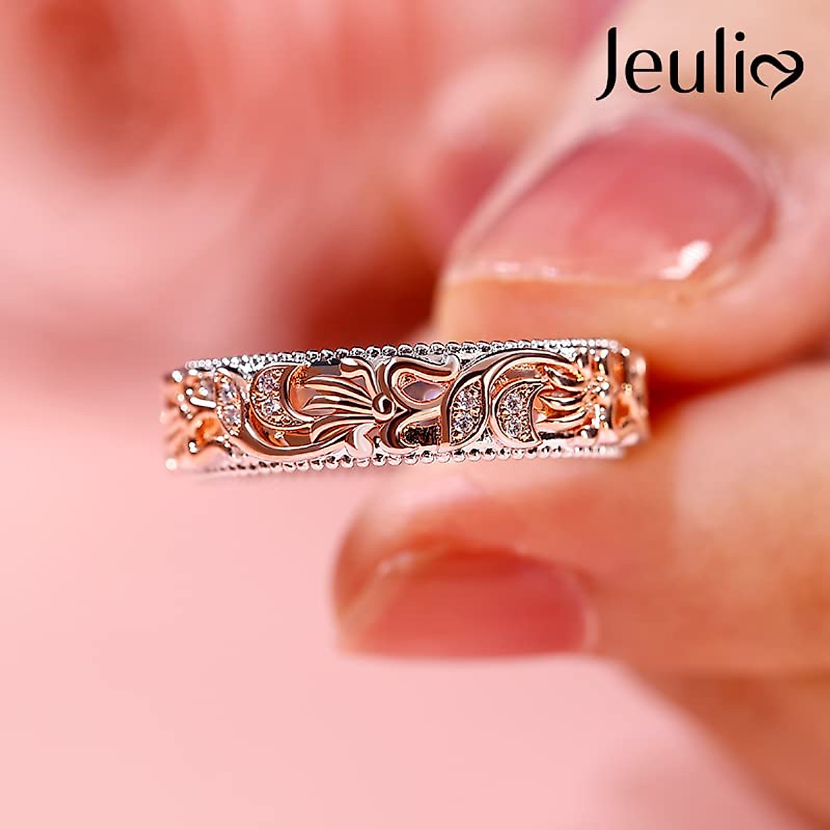 Jeulia Floral Ring Band Sterling Silver Two Tone Leaf Carved Vintage Unique Hollow Flower Rose Gold Jewelry Engagement Wedding Bridal Sets Stackable Anniversary Promise with Gift Box (Floral, 10)
