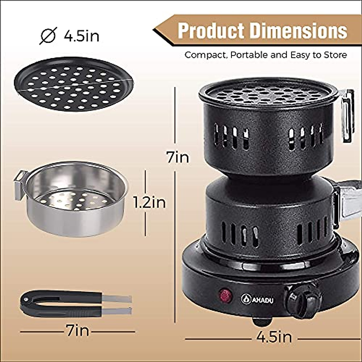 AHADU Premium Electric Charcoal Burner Coconut Coal Starter Hibachi Smart Overheating Control. Instant Coal Disk Tablet Fire Starter. Perfect Stove for Outdoor camping BBQ -Comes with Free Tong/Handle