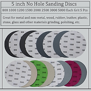Aewio 40PCS 5 inch No Hole #800-#5000 Wet Dry Sanding Discs 800 1000 1200 1500 2000 2500 3000 5000 Grit Sandpaper Compatible for Random Orbital Sanders (#800-#5000 8Kind Grit Each 5PCS)