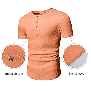 JMIERR Mens Muscle Slim Fit Button Henley Shirts Summer Crewneck Short Sleeve Longline Fitted T-Shirt Gym Workout Athletic Tees Shirt for Men, L, Orange