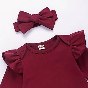 CETEPY Baby Girl Clothes Newborn Outfits Infant 3Pcs Tops + Pants + Headband or Hats Wine red flower 0-3 Months 70cm