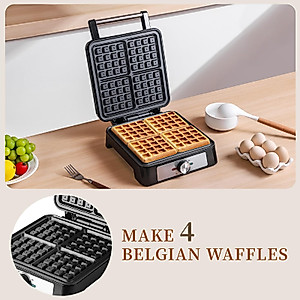 UVFAST Waffles Maker Waffle Iron, 4 Belgian Square Waffle Maker, Belgian Waffle Maker Thick Pancake Maker with Non-stick Plate, Breakfast Waffle Machine Make Waffle in Minutes, 3 Browning Level, 1600W