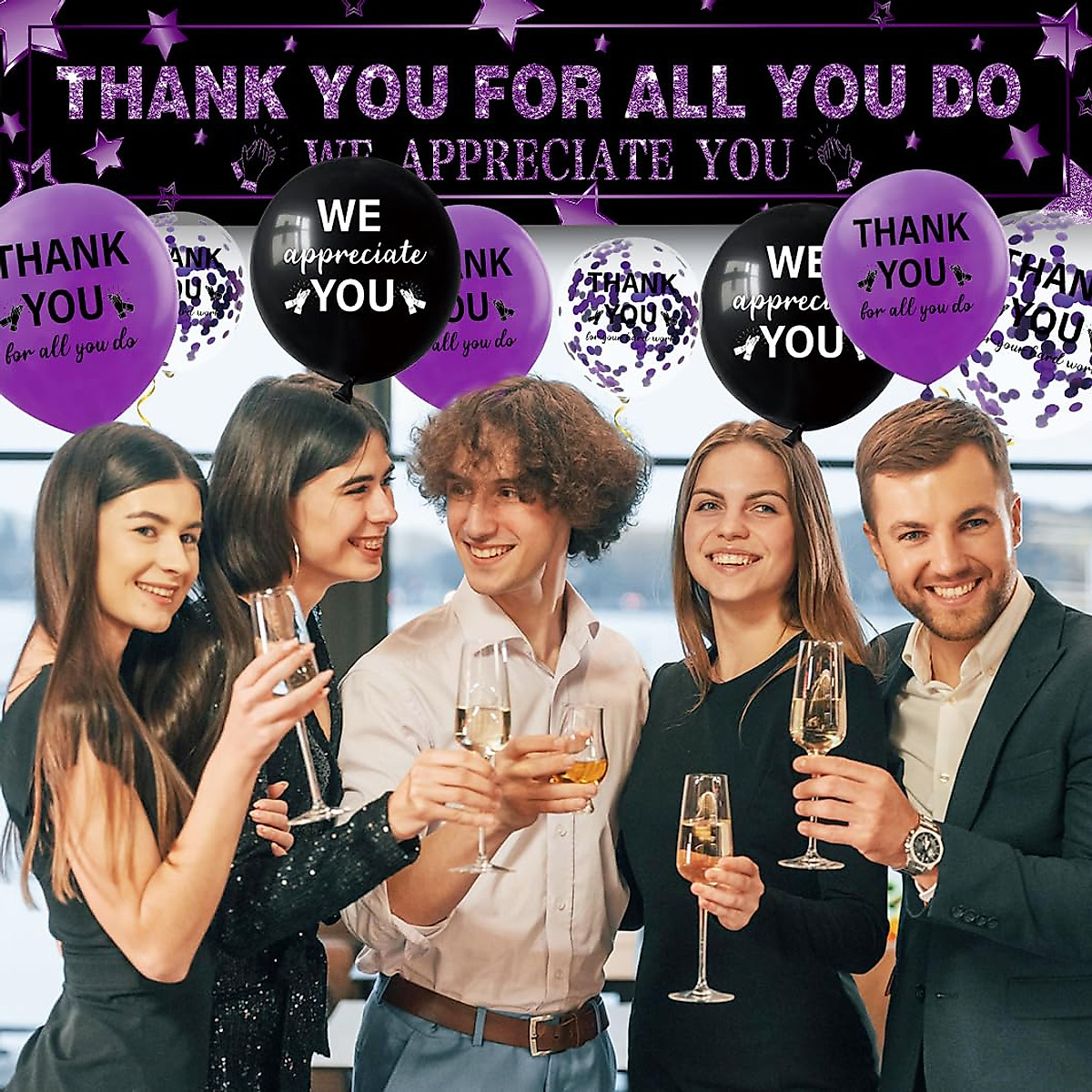 We Appreciate You Decorations Black Purple Appreciate You Banner with 18 pcs Balloons Thank You Yard Sign for Teacher Employee Staff Doctors Nurse Poaster Volunteer Appreciation Week Party Decor