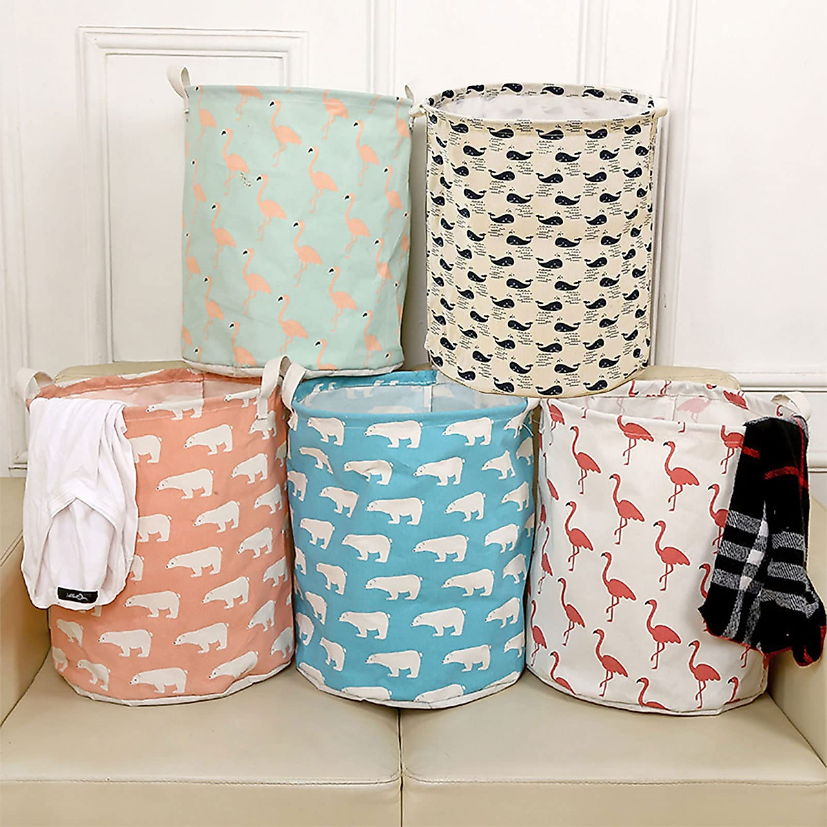 2 PCS Double Laundry Basket Organizer for Kids, Cotton Linen Foldable Tall Nursery Carrier Storage Basket with Handles, Waterproof Hampers for Clothes, Home, Baby, Boys, Dorm(Whale)