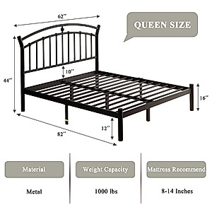 Feonase Queen Black Bed Frame, Heavy-duty Metal Bed Frame with 13 Hardened Steel Slats, 12" Under-Bed Storage, Noise-Free, Easy Assembly
