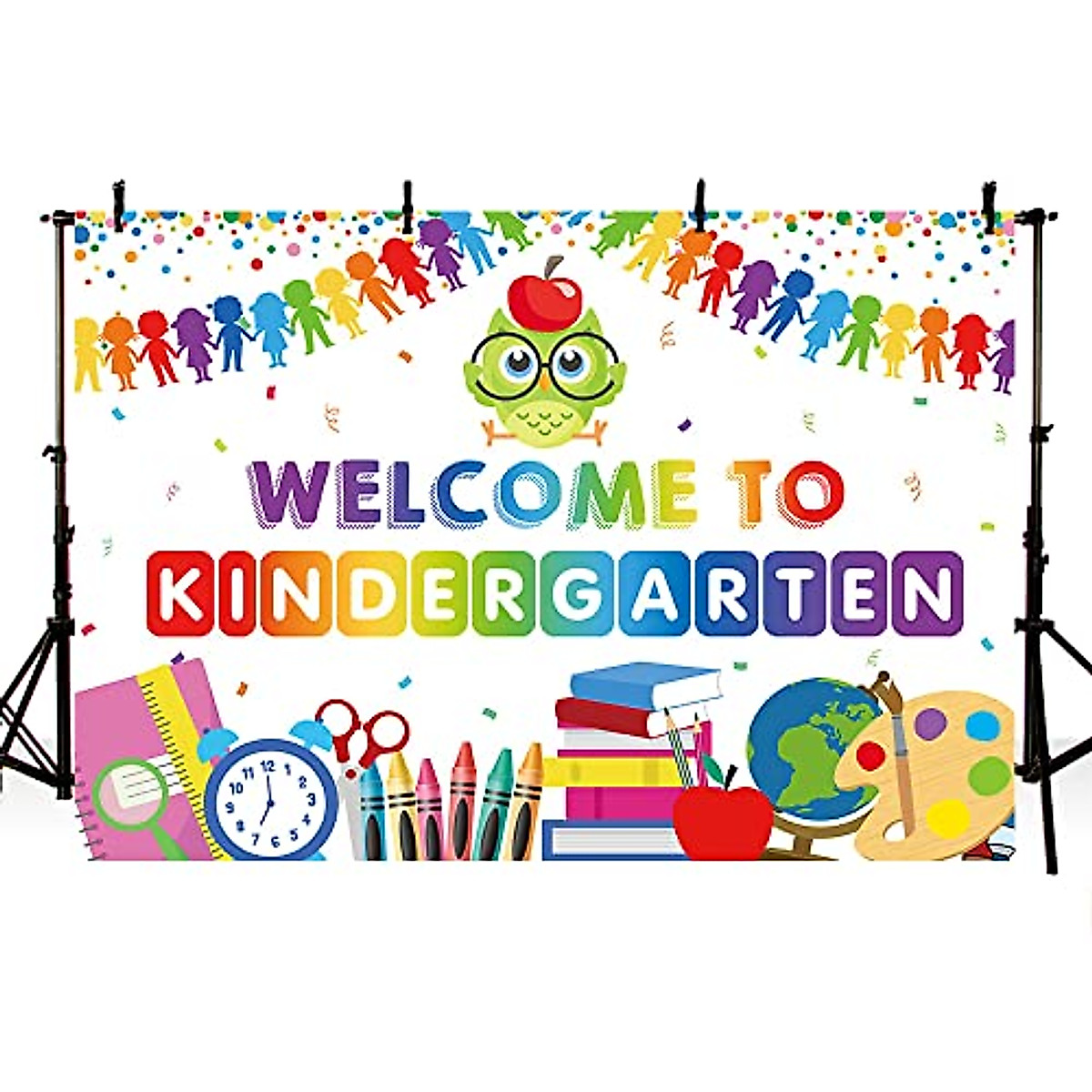 MEHOFOND 7x5ft Welcome to Kindergarten Backdrop Owl Colorful Flags Back to School Kids Classroom Party Decorations First Day in Preschool Kindergarten Photography Background Photo Studio