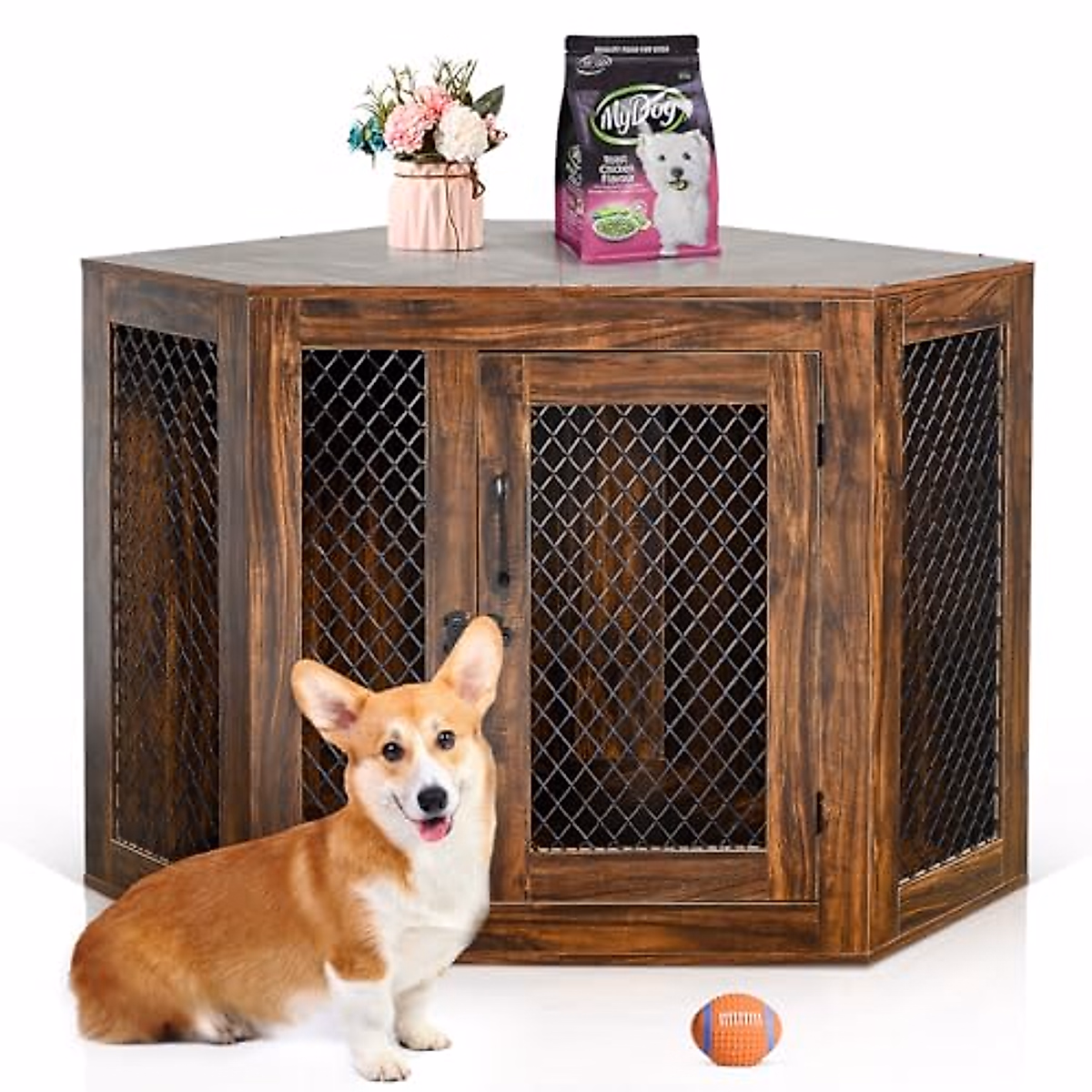 BOEASTER Corner Dog Crate Furniture, Wooden Dog Kennel End Table with Door Furniture Style Dog House Pet Crate Indoor Use for Small Medium Dogs