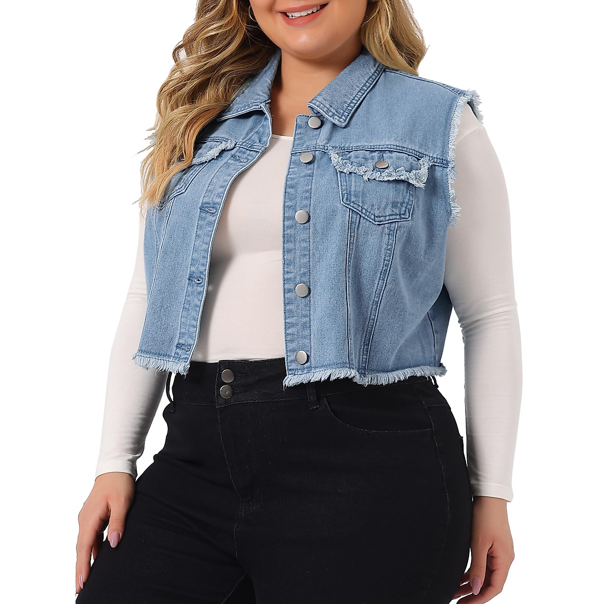 Agnes Orinda Plus Size Denim Jackets for Women Button Down Distressed Sleeveless Jean Vest Jacket 4X Light Blue