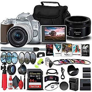 Canon EOS 250D / Rebel SL3 DSLR Camera with 18-55mm Lens (Silver) (3461C001) + Canon EF 50mm Lens + 64GB Memory Card + Color Filter Kit + Filter Kit + LPE17 Battery + External Charger + More (Renewed)