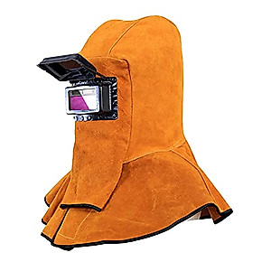 Leather Welding Mask, Leather Welder Hood Leather Mask Welder Helmet with Auto Darkening Filter Lens, Work Cap Welding Helmet, Yellow (Full Face+Neck Shoulder Coverage)