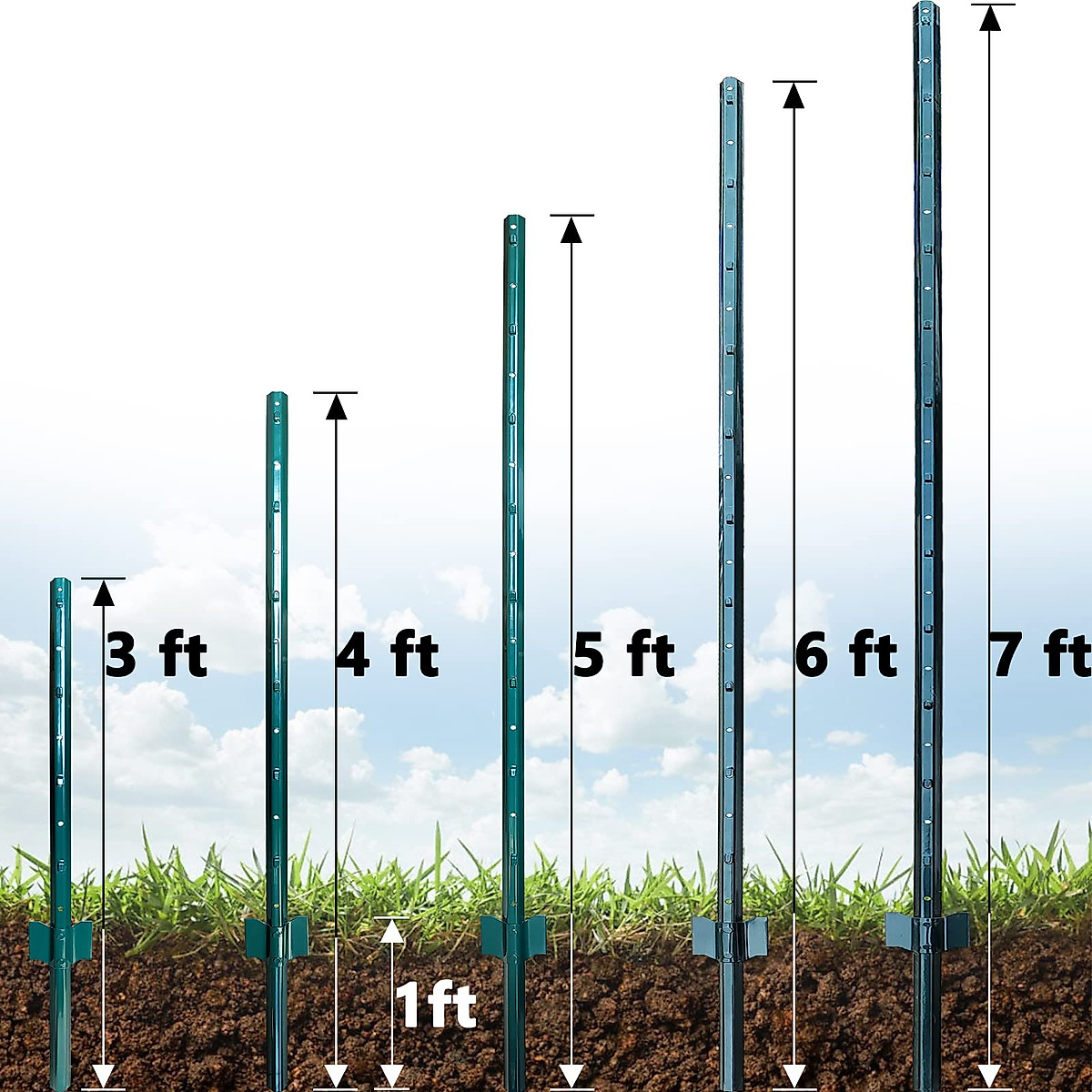 ARIFARO Fence Posts 7 Feet Sturdy Duty Metal Fence Post, Pack of 10, No Dig Garden U Post for Wire Fencing Steel Post for Yard, Outdoor Wire