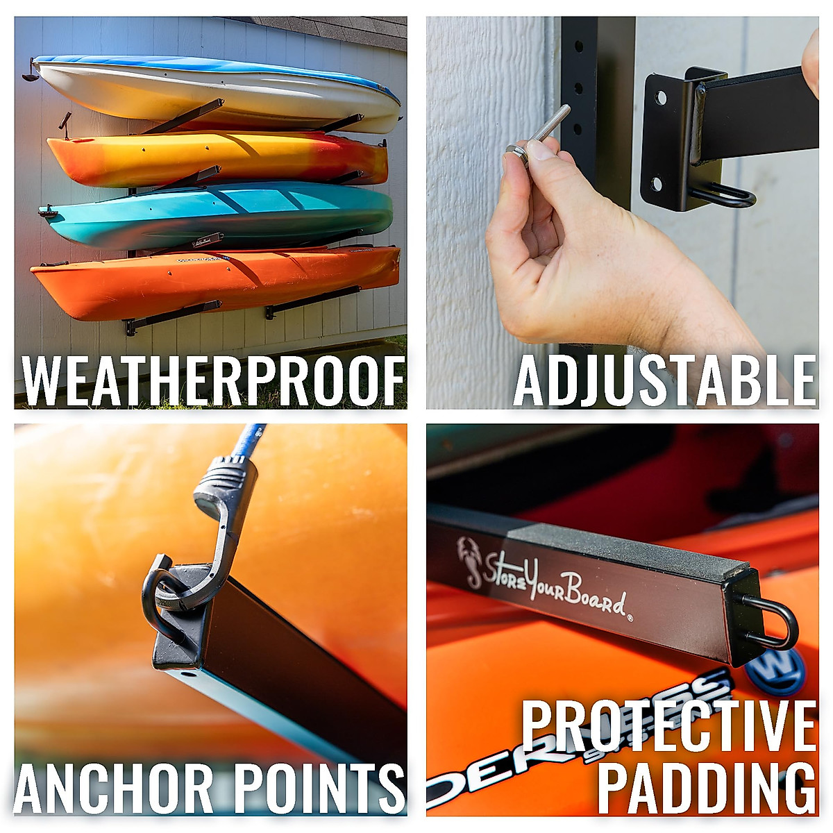 StoreYourBoard Outdoor 4 Kayak Storage Rack, Wall Mount, Holds 400 lbs, All Weather Heavy-Duty Metal Organizer, Adjustable Levels