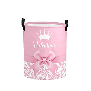 Personalized Laundry Basket Hamper,Princess Bow Pink,Collapsible Storage Baskets with Handles for Kids Room,Clothes, Nursery Decor