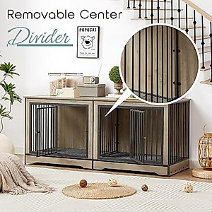 DOSSMBOLA 75'' Large Dog Crate Furniture for Large Dog or 2 Medium Dogs, Wooden Dog Kennel Dog Crate with Pull Out Tray and Removable Divider, TV Stand XXL Dog Cage - Gray