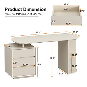 Qulomvs Computer Desk, 55inch Home Office Desk with Drawers and Storage Shelves, Cream White Desk Modern Simple Style Laptop Desk, Work Study Writing Table Workstation for Home Office