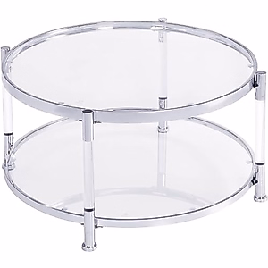 Round Coffee Table with Silver Metal Base, 2-Tier Acrylic Clear Glass Coffee Table with Storage Shelf, Center Table Modern Coffee Table Tea Table Cocktail Table Living Room Table, Circle Coffee Table