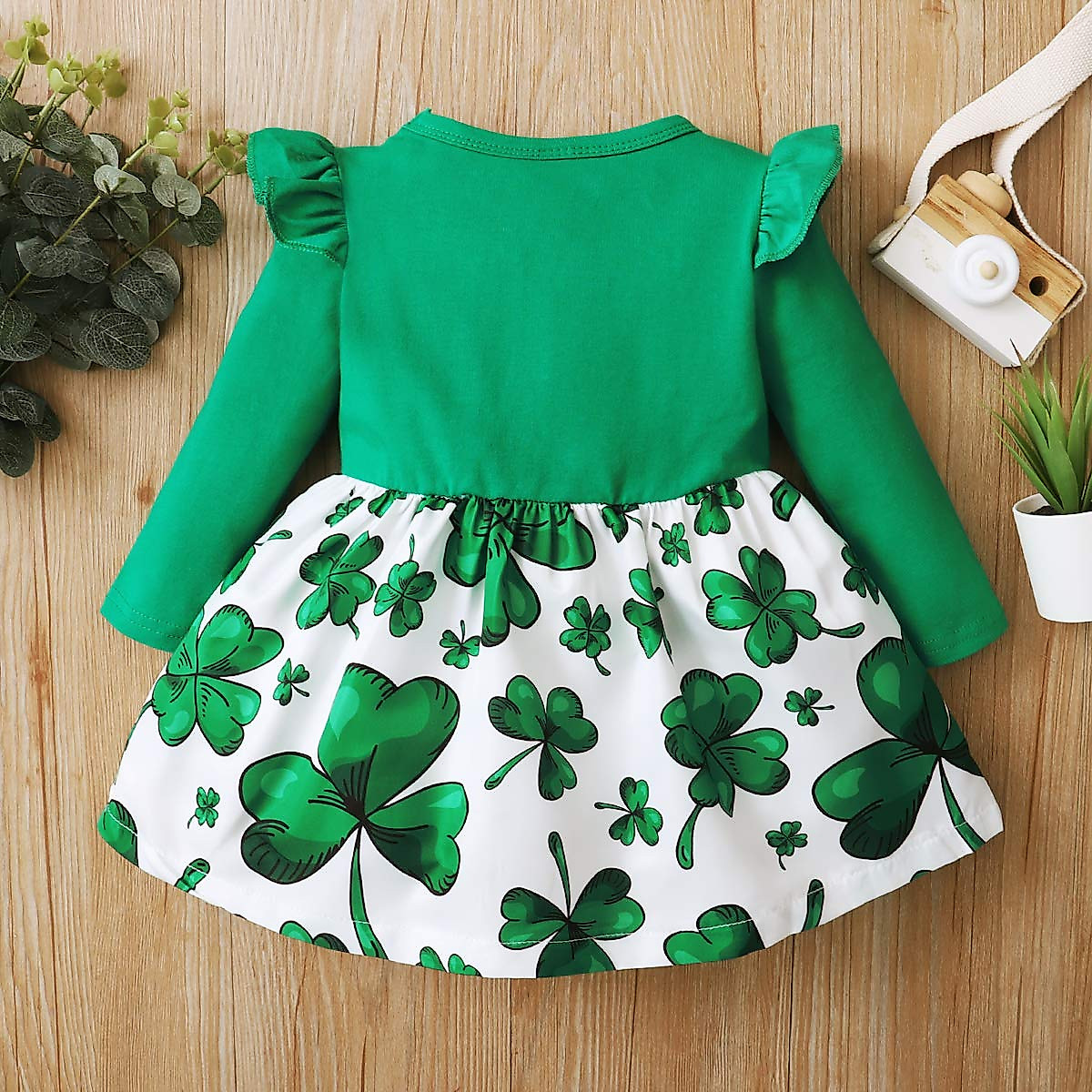 Toddler Baby Girl St. Patrick's Day Dress Ruffle Long Sleeve Top Lucky Clover Print Skirt Outfits (Green-, 18-24 Months)
