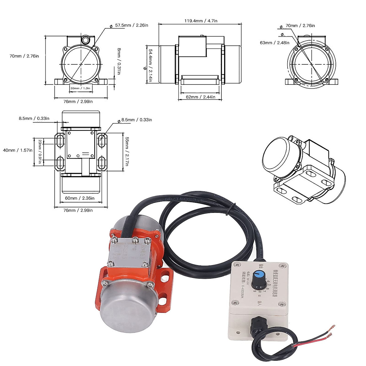 Vibration Motor, 30W 4000RPM Electric Vibrating Motor Adjustable Exciting Force Brushless DC Vibration Motor with Speed Controller for Shaker Table (DC12V)