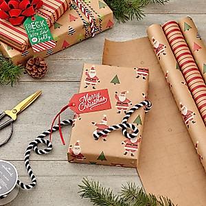 Hallmark Recyclable Christmas Wrapping Paper with Cut Lines on Reverse (3 Rolls: 90 sq. ft. ttl) Kraft Brown with Santas, Green Trees, Red Stripes