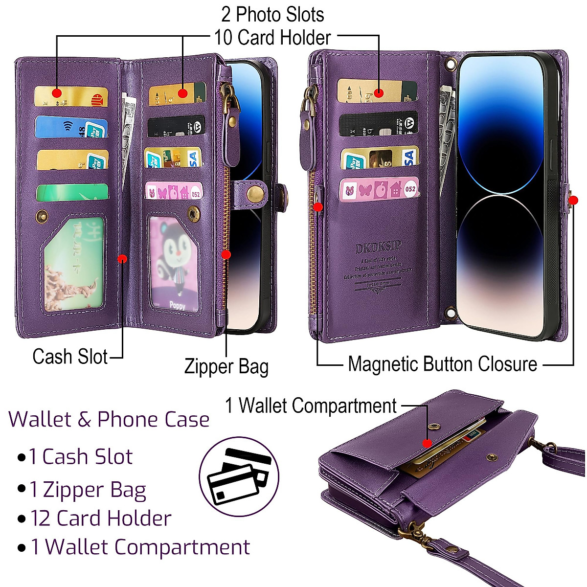 DKDKSIP for iPhone 15 Plus Wallet Case for Women, Support Wireless Charging with RFID Blocking Card Holder, PU Leather Zipper Wallet Detachable Magnetic Phone Case with Crossbody Strap, Purple