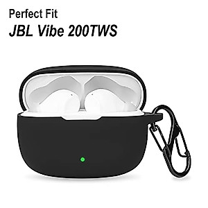 Geiomoo Silicone Carrying Case Compatible with JBL Vibe 200TWS, Portable Scratch Shock Resistant Cover with Carabiner (Black)