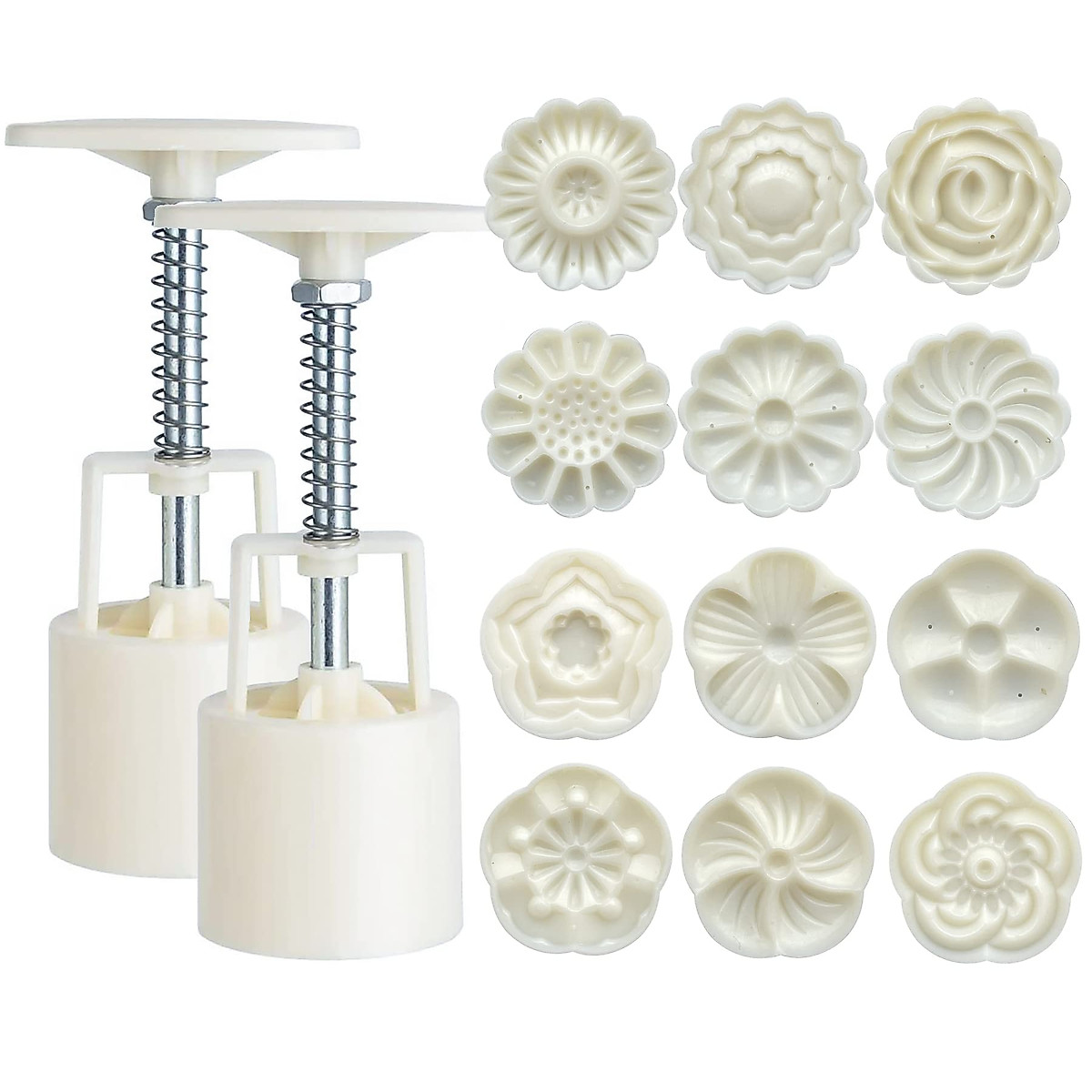 LIUDHPSP Moon Cake Mould Set,Includes12 pcs Sakura flower pattern base and 2 Pieces Bath Bombs Press,Mid Autumn Festival DIY Hand Press Cookie Stamps Pastry Tool Moon Cake Maker(50g) White L