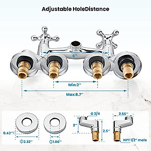 Wall Mount Kitchen Faucet Polish Chrome Double Cross Handle Commercial 3 Inch to 9 Inch Adjustable Hole Distance Spread Silver Mixer Tap 9 inch Spout Reach