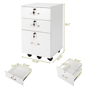 Vasitelan File Cabinet 3 Drawers with 3 Lock, Rolling Mobile Filing Cabinet, Under Desk File Cabinet with 5 Wheels and Hanging File Folders, for Letter Sized Documents (White)