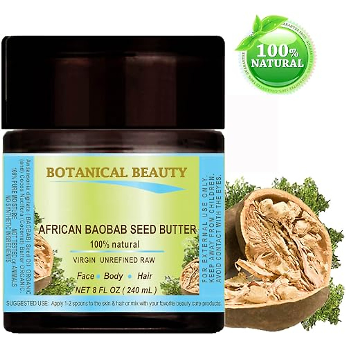 Botanical Beauty BAOBAB SEED OIL BUTTER 100% Natural RAW VIRGIN UNREFINED for Skin, Hair, Lip and Nail Care. 8 Fl. oz. - 240 ml. Rich in Vitamin E