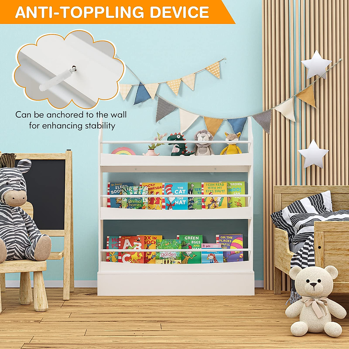 Costzon Kids Bookshelf, 3-Tier Wooden Book Shelf Organizer for Books and Toys, Toddler Space-Saving Wall Bookcase Conner Storage Rack for Bedroom, Living Room, Nursery, Playroom (White)