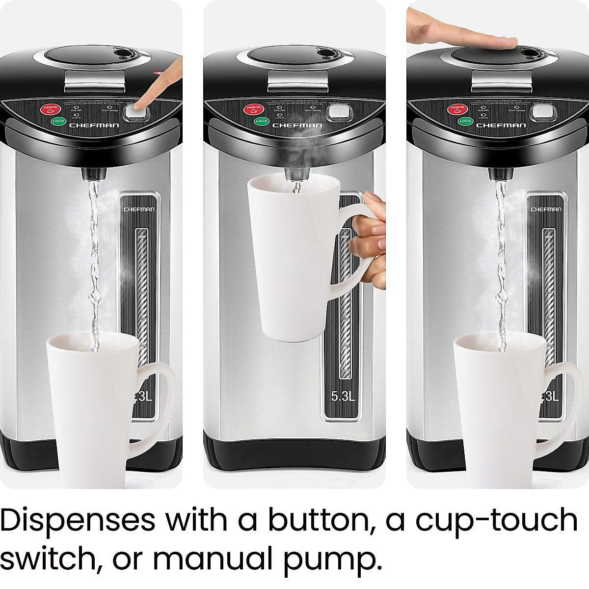Chefman Electric Hot Water Pot Urn w/Auto & Manual Dispense Buttons, Safety Lock, Instant Heating for Coffee & Tea, Auto-Shutoff & Boil Dry Protection, Insulated Stainless Steel, 3.6L/3.8 Qt/20+ Cups