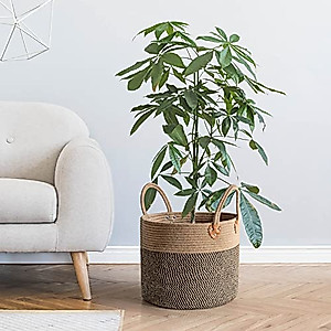 CHICVITA Jute Woven Storage Basket With Handles, Wicker Floor Basket, Boho Decorative Basket For Blanket, Toy, Shoe, Firewood, Farmhouse Plant Basket for Living Room, 14" X 14" X 12", Jute