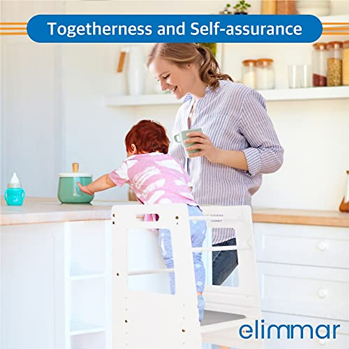 ELIMMAR Toddler Standing Tower - Wooden Learning Tower for Children - 5-Level Adjustable Height, Non-Slip Steps & Feet Pads, Silicone Mat, 2 Safety Bars - Helper Stool for Kids - White, 16x15.7x35.4