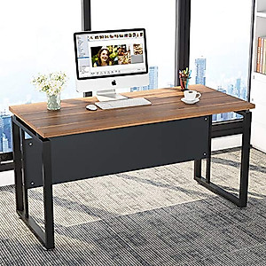 LITTLE TREE 55 inches Computer Desk, Home Office Desk Writing Table for Workstation with Clean Design,Dark Walnut + Steel Leg