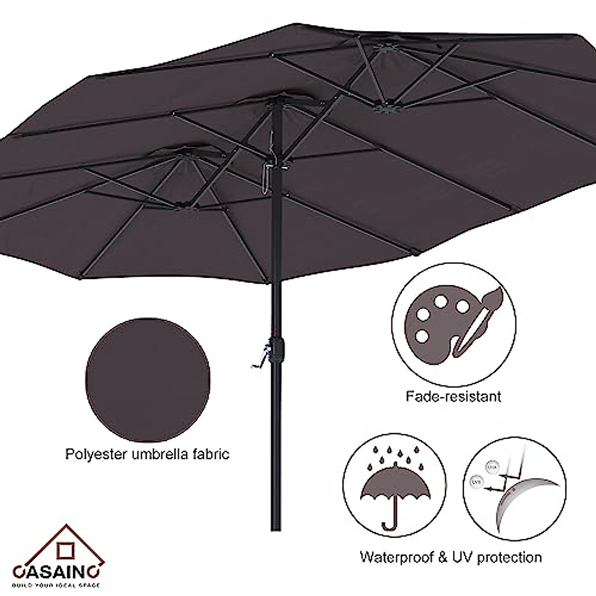 CASAINC 15 FT Patio Umbrella with Base Double-Sided Extra Large Outdoor Umbrella Market Rectangular Twin Umbrella w/Crank for Garden Deck Lawn Pool Backyard-Coffee (without Lights)
