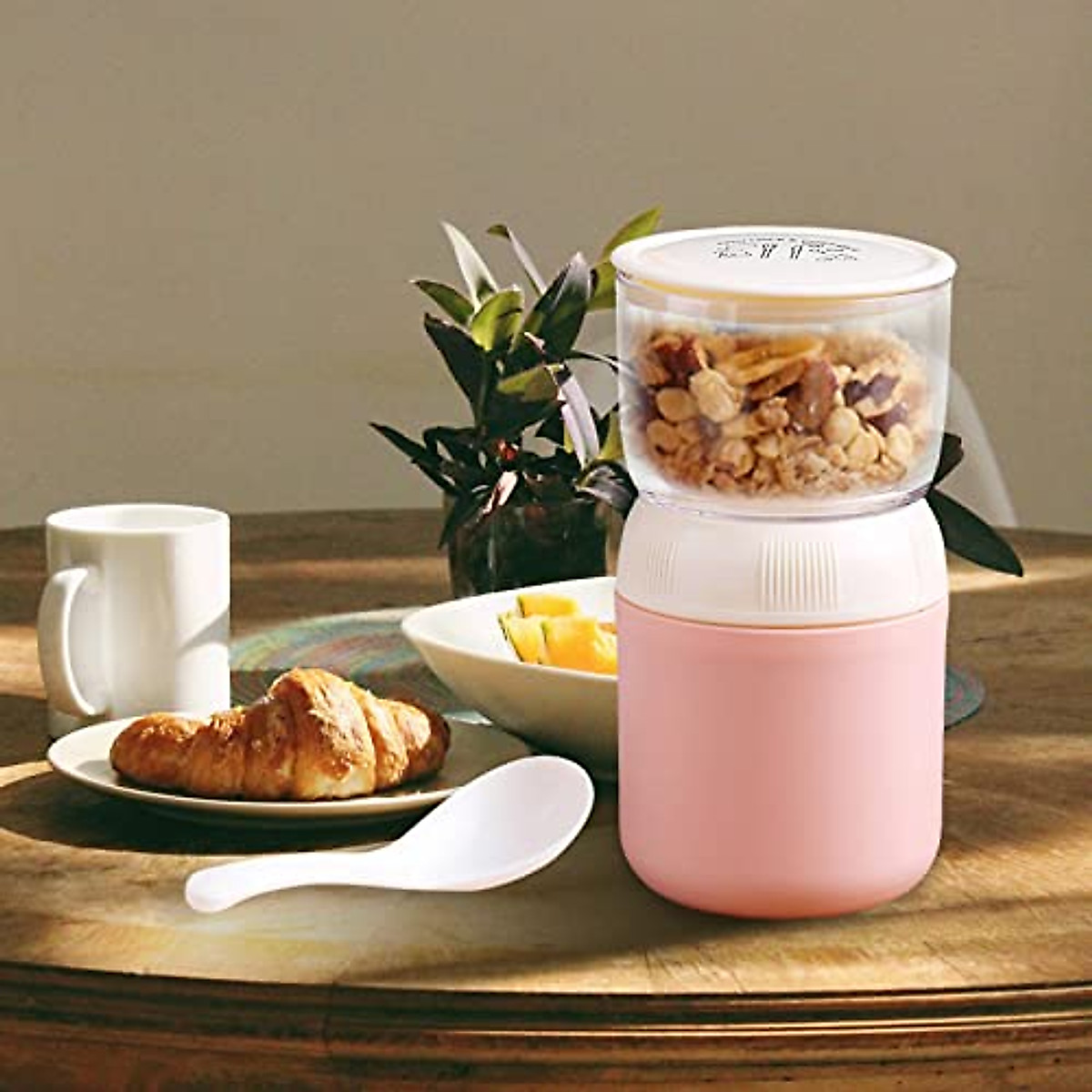 Gralara Lunch Pot Yogurt Container 2 Tier Spoon Portable Detachable Stainless Steel for Milk Salad Soup Yogurt Adults, Pink