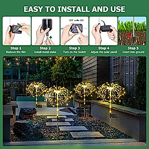 E-Kong Outdoor Solar Garden Lights 4 Pack, Upgraded 125 LEDs Outdoor Lights for Patio, Solar Fireworks Light with 2 Modes, IP65 Waterproof, Solar Pathway Lights for Yard, Garden, Walkway (Warm White)