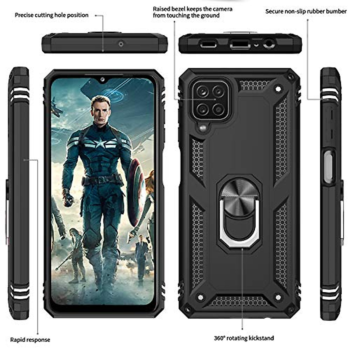 LeYi for Samsung Galaxy A12 Case, Samsung Galaxy A12 Phone Case with [2 Pack] Tempered Glass Screen Protector, [Military-Grade] Ring Kickstand Phone Case for Samsung A 12 5G, Black