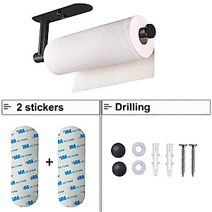 Tujjhoum Paper Towel Holder, Under Cabinet Paper Roll Holder Big Roll, Wall Mounted Matt Black Paper Holder for Kitchen, Bathroom, RV, Self-Adhesive and Drilling Optional